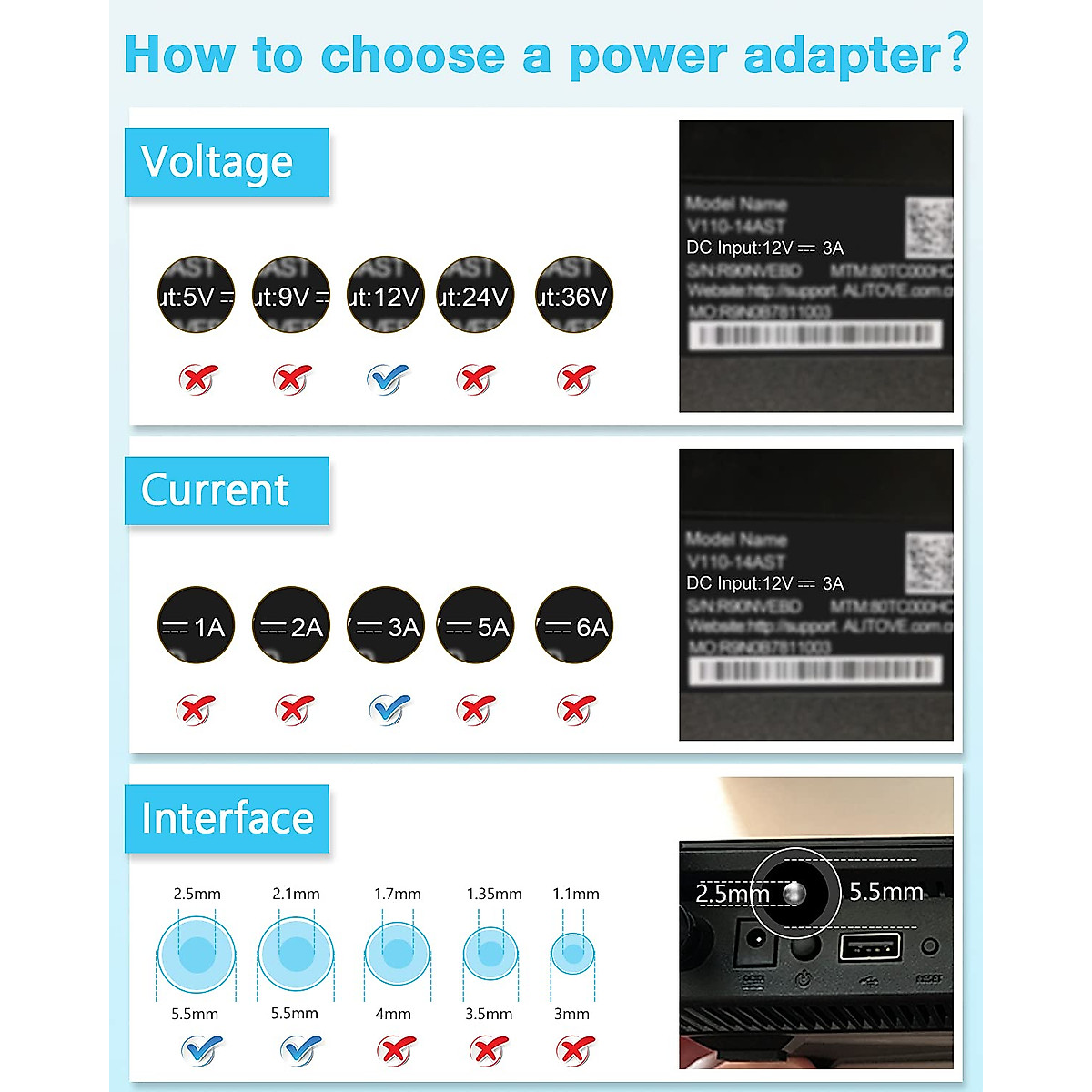 Aclorol 12V 3A Power Supply Adapter 36W 100V-240V AC to DC 12Volts Converter Adapter Transformer 3amp 2.8A2.5A2A1.5A 5.5x2.5mm 2.1mm for WS2811 12V LED Strip Light Wireless Router ADSL Cats IP Camera