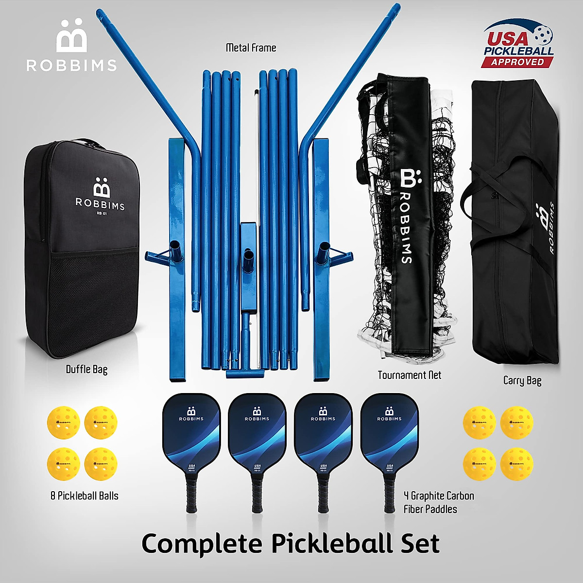 ROBBIMS Portable Pickleball Set with Net | 4 USAPA Approved Graphite Paddles, Duffle Bag, Regulation Size Pickleball Net System, Assembly Manual, 8 Outdoor Pickleball Balls and Carry Bag