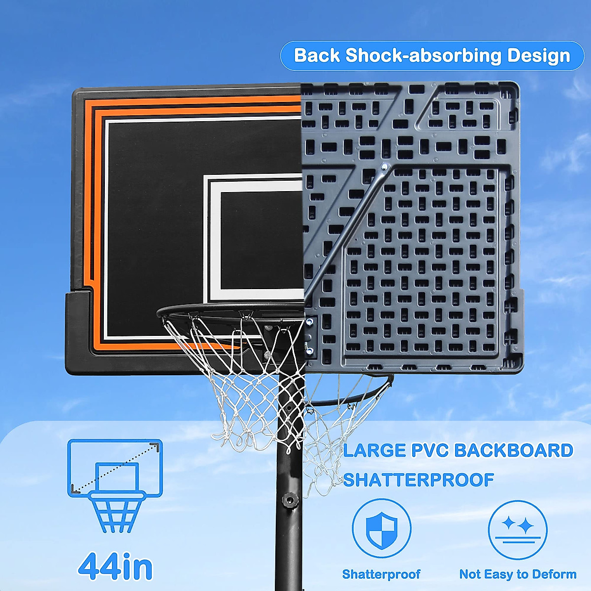 Basketball Hoop Outdoor, 7-10ft Height Adjustable Basketball Hoop with 44in Shatterproof Backboard and Wheels for Teenagers Adults Outdoor Indoor, Portable Basketball Goal Basket Balls Outdoor Hoop