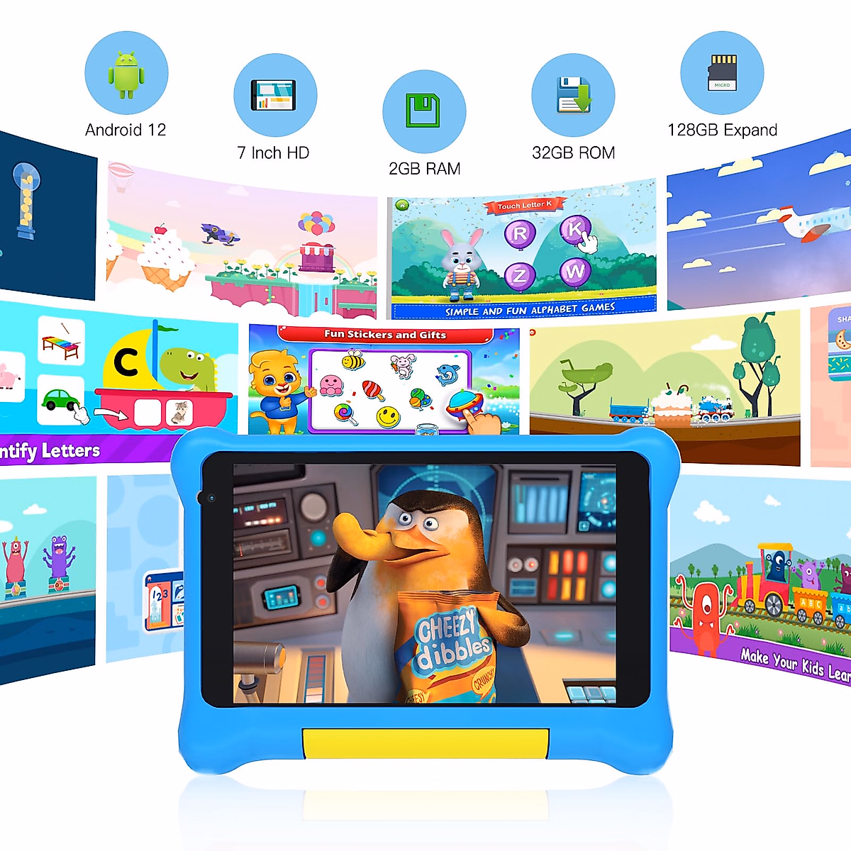 Anyway.go Kids Tablet 7 inch Tablet for Kids with Android 12, 32GB Storage, Blue Color, Parental Controls, HD Display, Kidoz Pre-Installed