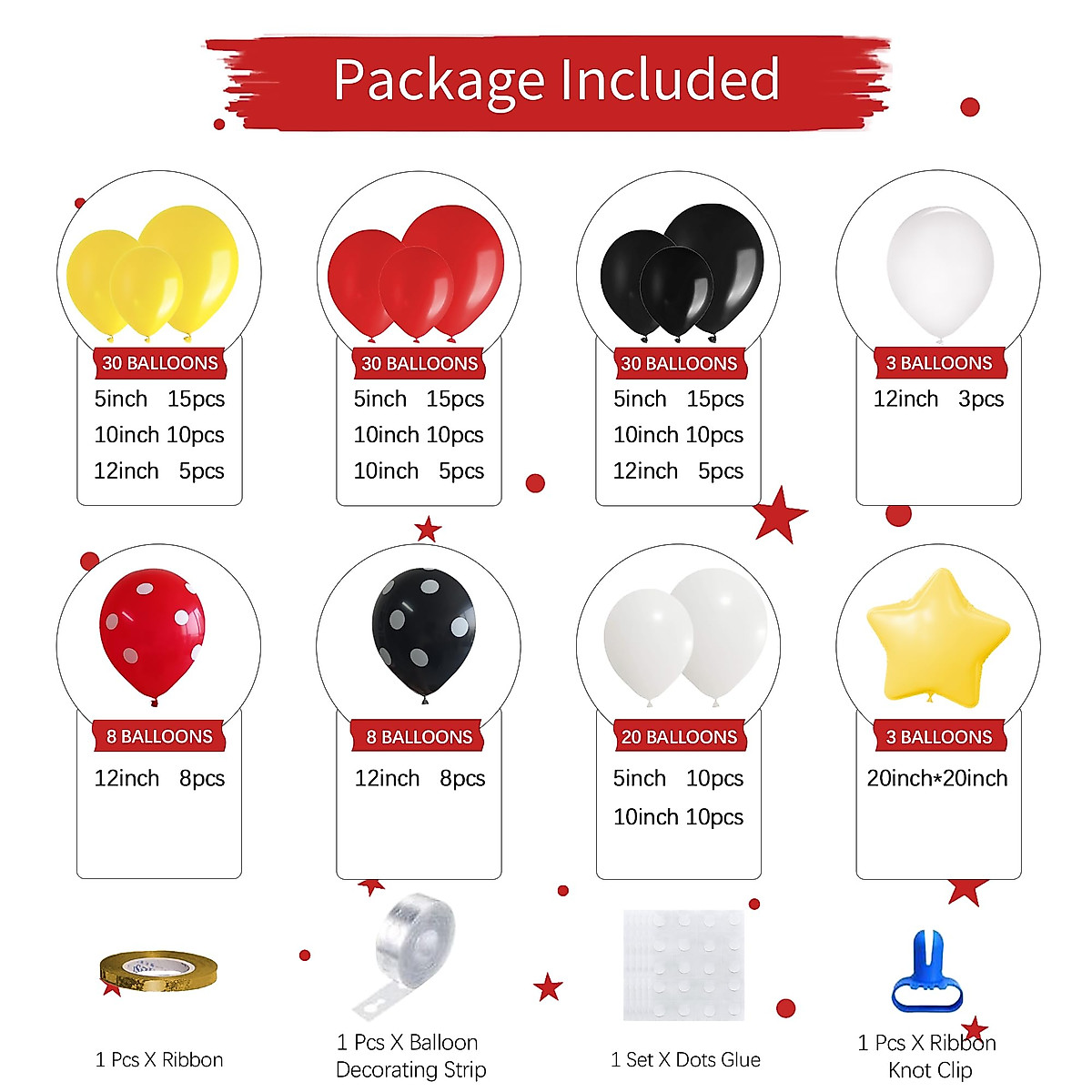 HYOWCHI Mickey Birthday Party Supplies - 132 Pcs Mickey Theme Birthday Baby Shower Party Balloon Garland Arch Kit, Red Yellow Black White Latex Balloon Arch For Mickey Theme Party Decorations