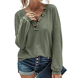 BTFBM Women Long Sleeve Shirts Fall Fashion 2025 V Neck Loose Casual Blouse Deco Button Lightweight Waffle Knit Pullover(Army Green, Small)