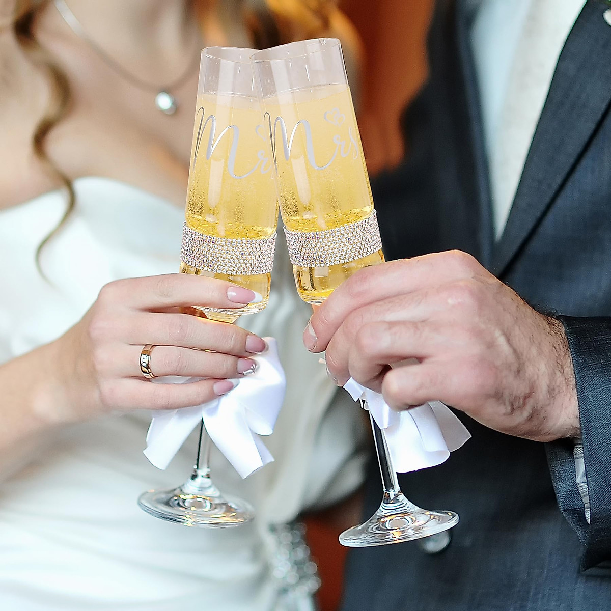 VARLKA Wedding Cake Knife and Server Set, 8oz Crystal Mr and Mrs Champagne Flutes, Wedding Glasses for Bride and Groom, Cake Cutting Set for Wedding, Engagement Gifts