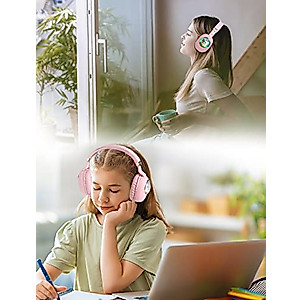 Usoun Kids Wireless Headphones, Bluetooth Over Ear Headphones with Cute Cat Colorful LED Lights,Wireless&Wired,Foldable,Build-in Mic,Bluetooth Headphones for Kids Girls Teens Adults,School (Pink)