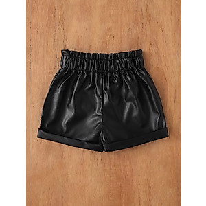 WDIRARA Toddler Girl's Paper Bag Waist Button Front Wide Leg PU Leather Shorts Black 110
