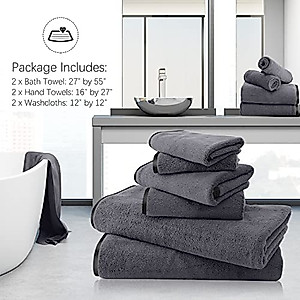 TENSTARS Luxury Silk Hemming Towel Set - Light Thin Quick Drying - 2 Bath Towels 2 Hand Towels 2 Washcloths - Ultra Soft Microfiber Towel for Bath Fitness, Sports, Yoga, Travel (Dark Grey 6 Pieces)