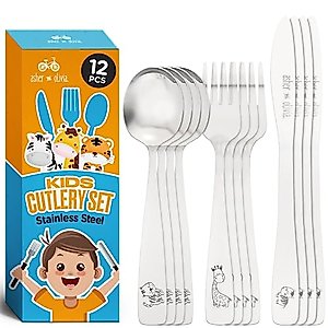 Kids and Toddler Utensils Silverware Set –12-Piece Toddler Silverware Includes 4 Forks 4 Spoons and 4 Kid-Friendly Knives - Kids Cutlery Metal Flatware Set for Preschooler Baby Child Toddler