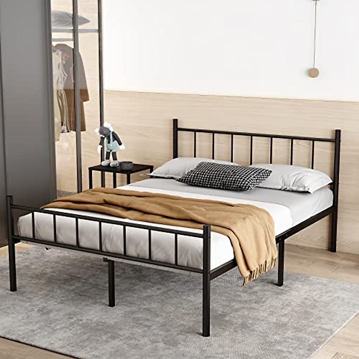 NEW JETO Full Size Platform Bed Frame-Heavy Duty Steel Slats Support King Bed Frame, Metal, Non-Slip Footbed Storage Space Under The Bed, Suitable for Bedroom, Dormitory, Hotel