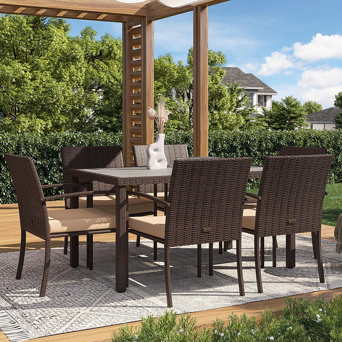 BELLEZE Rattan Patio Set 7 Piece, Slatted Wicker Dining Table and Chairs, Outdoor Furniture with Umbrella Cutout, Removable Cushions for Porch - Mariel (Brown)