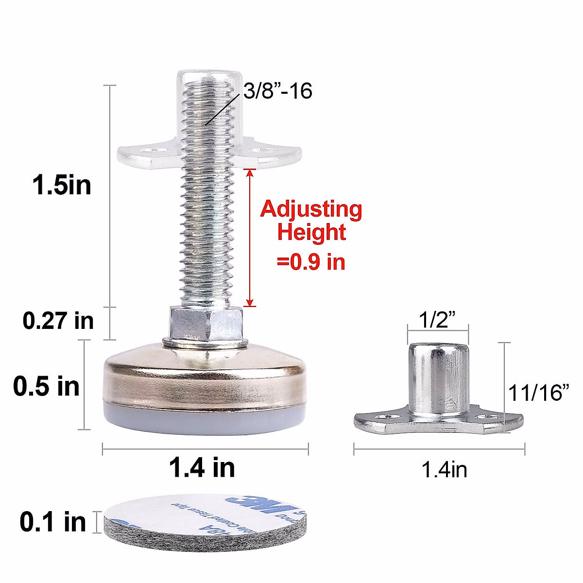 Heavy Duty Furniture Leveling Feet Adjustable Furniture Leg Levelers for Tables Chairs Cabinets Sofa Raiser, Support 1320LBs, T- Nut Kit 3/8”-16 Thread, Large Base,w/ 4 Felt Pads,12 Screws (4 Pack)