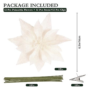 CEWOR 12 Pcs Christmas Tree Decor Flowers Glitter Artificial Poinsettia Flowers with Clips and Stems for Xmas Wedding Party Wreaths Decorations, 6.7 Inch (White)