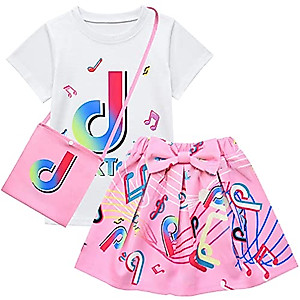 D.O.T 3pcs Tic Toc Girl Skirt Sets T Shirt Top Bowknot Skirt with Bag Outfits (Pink, 2-3T)