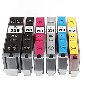 FTVOGUE 250‑251 Multi Colors Ink Cartridge Replacement Printer Inkjet Cartridges for PIXMA (BK BK C M Y GY 6 Colors)