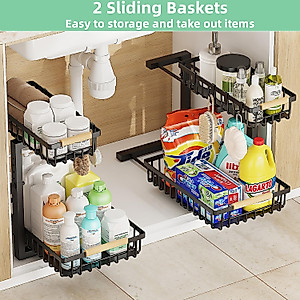 2 Pack Under Sink Organizer, Height Adjustable Pull out Cabinet Organizer, 2 Tier Metal Under Sink Organizer Storage, Sliding Storage Drawer for Kitchen Bathroom Laundry Room Pantry.