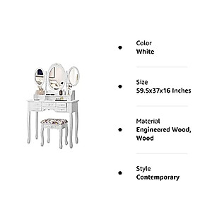 CHARMAID Vanity Set with Tri-Folding Mirror and Cushioned Stool, Dressing Table with 7 Drawers and a Shelf, Antique Makeup Table with Removable Top, Vintage Makeup Vanity Set for Women Girls (White)