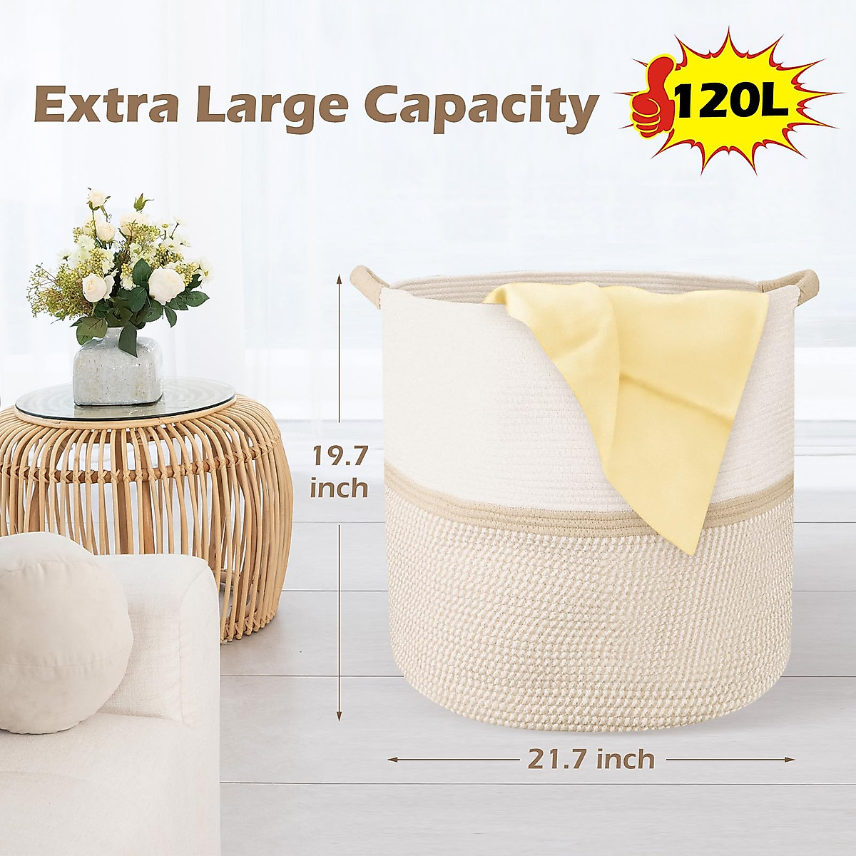 120L Extra Large & Tall Laundry and Blanket Hamper Basket with Handles for Living Room and Bedroom, Cotton Woven High Storage Basket and Organizer for Dirty Clothes, Toys, Pillows, Khaki (khaki)