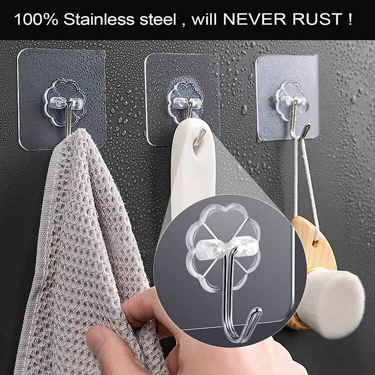 Adhesive Hooks for Hanging, Stainless Steel 16 Pack Sticky Wall Hooks 22lb(Max) Removable, Heavy Duty Self Adhesive Hooks Waterproof Oilproof for Bathroom Shower Kitchen Outdoor Towel Keys, Clear