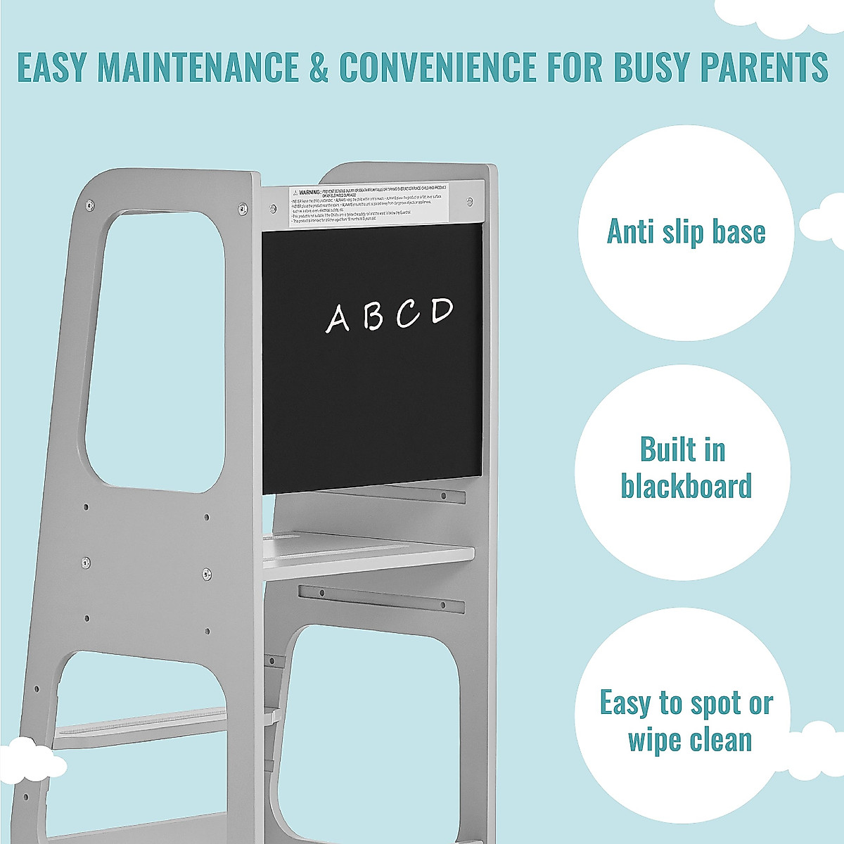 Dream On Me Explora Tower & Step Stool in Pebble Grey, Anti-Slip Base, Multipurpose Kids Step Stool, 3 Platform Heights, Chalkable Black Board