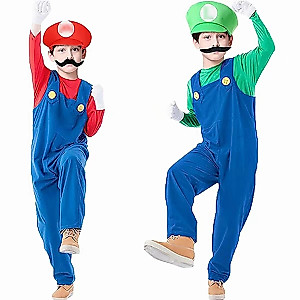 Octagonal Plumber Hat Super Maleo Bros Costume Hats Adult Hat Red Green Cap With Fake Mustaches Beard and Gloves Suspenders Buttons Set For Halloween Cosplay Role Play Costume Accessory