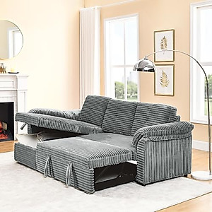 Corduroy Tufted Upholstered Left Facing Sleeper Sectional Sofa, L-Shaped Pull Out Sleep Couch Bed Modular Convertible Sofabed with Right Storage Chaise and Pillow-top Armrests for Living Room