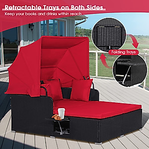 LDAILY Moccha Outdoor Daybed with Retractable Canopy, Wicker Cabana with 2 Side Tables & Soft Cushions,Hand-Woven PE Rattan Bed Lounger, Patio Sectional Furniture Set for Garden Backyard Porch (Red)