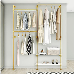 KaKaBB Gold Pipe Clothing Rack, Clothes Rack for Wardrobe, Bedroom and as walk-in Closet System, Double Hanging Rods Clothes Rack with Shelves,Heavy Duty Clothes Rack Wall Mounted(Gold)