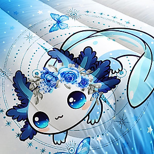 AILONEN Cartoon Axolotl Kids Comforter Set Queen Size, Blue Axolotl Printed Kawaii Bedding Set Girls Bed in a Bag 3 Pieces,Wildlife Animals Axolotl Salamander Comforter with 2 Pillowcases