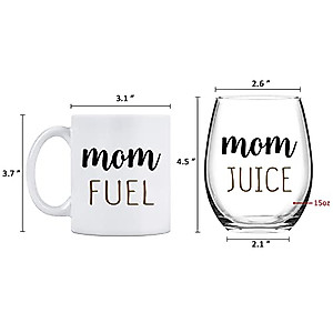 Mom Fuel Ceramic Coffee Mug＆Mom Juice Stemless Wine Glass Set of 2, Funny Mom Coffee Mug 11Oz Wine Glass 15Oz - Mother’s Day Gifts for Mom New Mom First Mom Wife, Christmas Birthday Gift from Kids