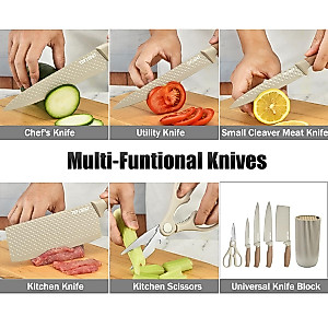 Knife Set, 6-Piece Khaki Professional Kitchen Knife Set for Chef, Super Sharp Knife Set with Universal Knife Block, Anti-Rust Stainless Steel Kitchen Knife Block Set, Ergonomical Design (Khaki)