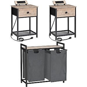 AMHANCIBLE Night Stand Set 2, Small Nightstand with Charging Station, Laundry Hamper with 2 Section