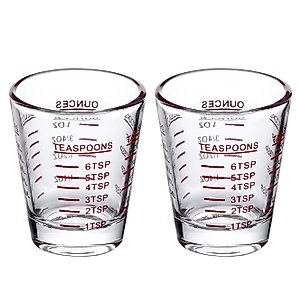 Shot Glasses Measuring cup Liquid Heavy Glass Wine Glass Espresso Shot Glass-Incremental Measurement 1oz, 6 Tsp, 2 Tbs, 30ml (2 pack)(red)