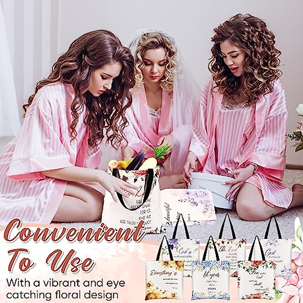 Silkfly 6 Pcs Bible Tote Bags for Women, Shoulder Scripture Religious Reusable Tote Bags Floral Verse Christian Tote Bag for Beach Market Travel Grocery Christmas Gift