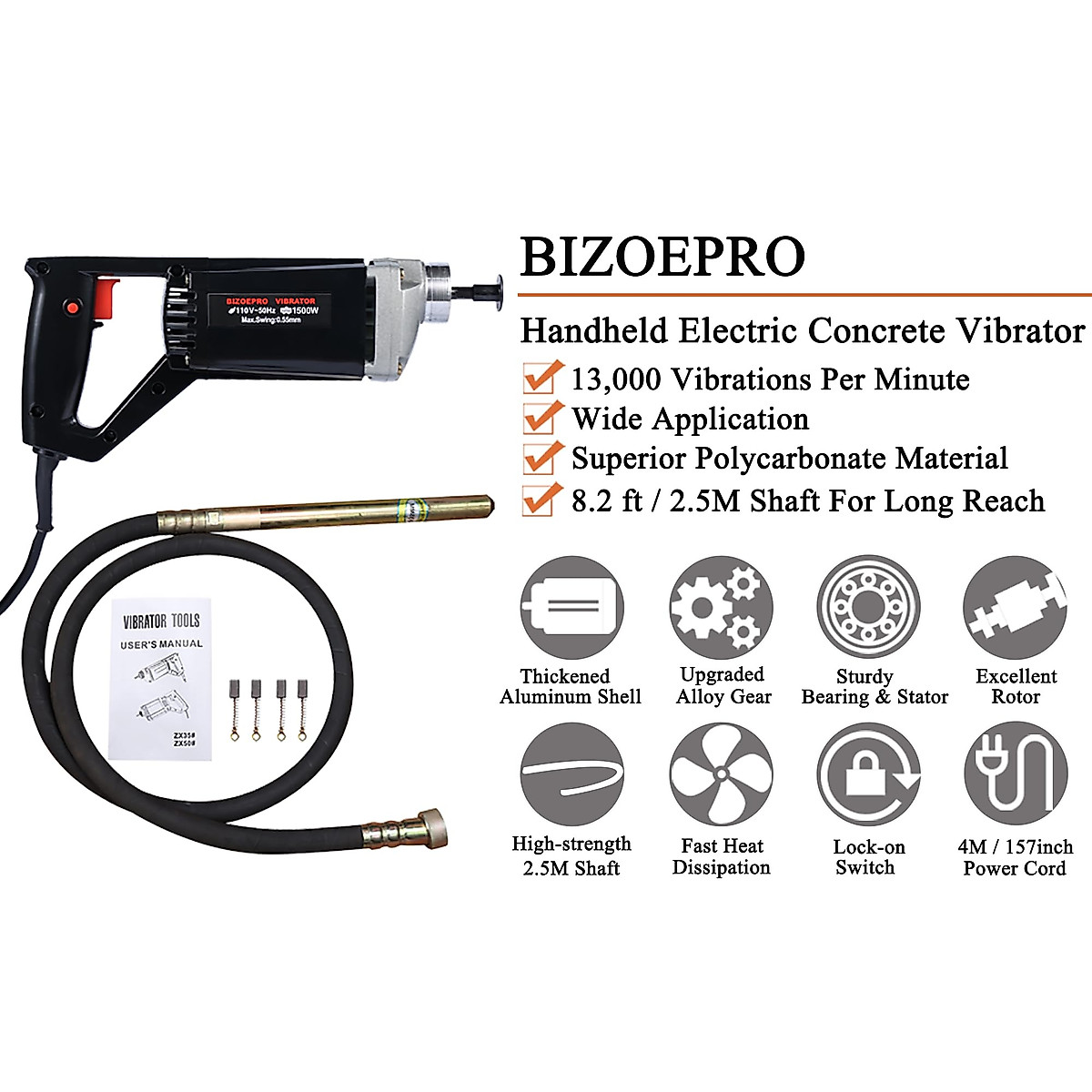 BIZOEPRO Hand Held Power Concrete Vibrator 1500W 13000rpm With 2.5M(8-1/5feet) Shaft Rod Electric Concrete Vibrabrater Portable Construction Pencil Vibrator