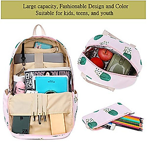 School Backpack Set 3 Pieces Lightweight Teen Girls Bookbags Insulated Lunch Bag Pencil Case (Cactus)