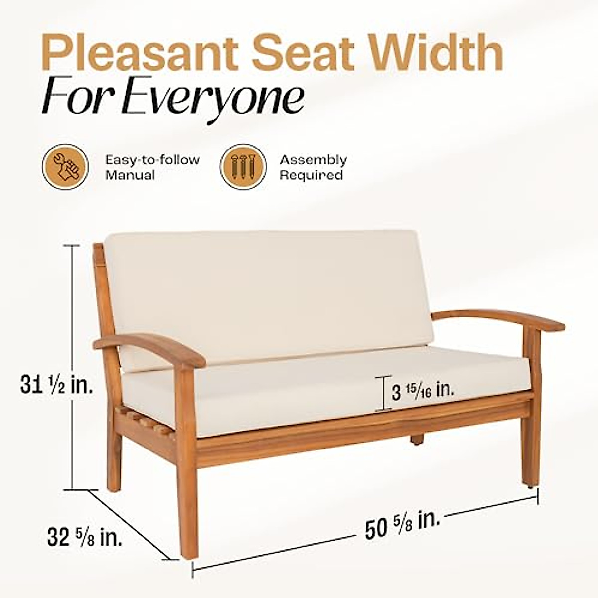 IDZO Laurent 3 Piece Acacia Wood Patio Furniture Set, 1 Outdoor Loveseats + 2 Outdoor Club Chairs, Teak Finish Wooden Patio Furniture Set with 3.9in Thick Soft Cushions for Porch Patio Garden