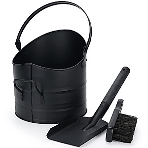 Coal and Ash Bucket with Shovel and Hand Broom, 2-Gallon Portable Pail Metal Bucket Pellet Carrier, Wood Pellet Storage Container, Tool set Accessories for Fireplace, Fire Pit, Wood Burning Stove
