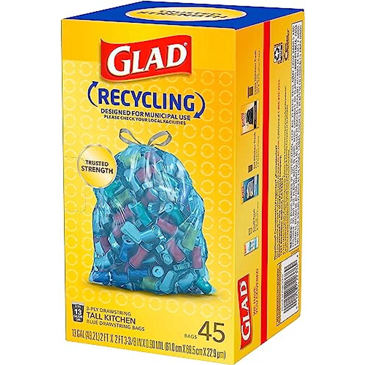 Glad Recycling Tall Drawstring Kitchen Trash Bags, Blue, 13 Gallon, 45 Count, Pack May Vary