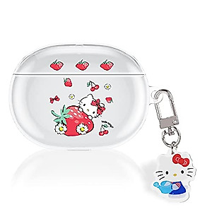 Cute case for Beats Studio Buds Cover with Kawaii Strawberry cat Anime Pattern Design for Women Girls Kids Teens Clear Slim Soft Silicone Cover for Beats Studio Buds