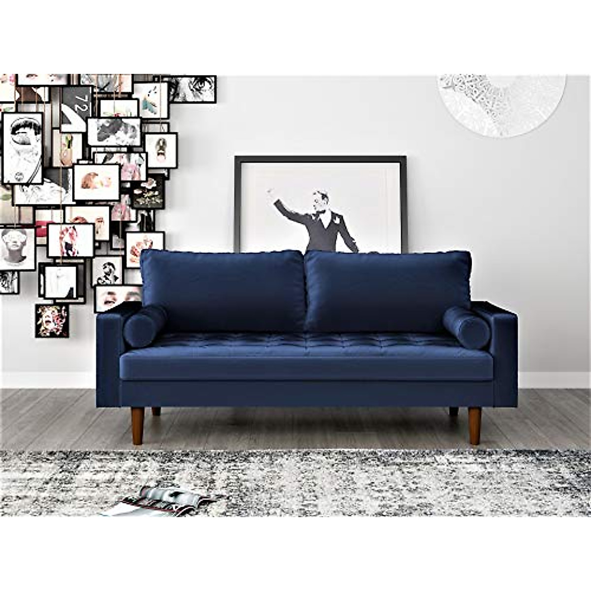 Container Furniture Direct Womble Modern Velvet Upholstered Living Room Diamond Tufted Chesterfield Sofa with Gleaming Nailheads, Misty Blue