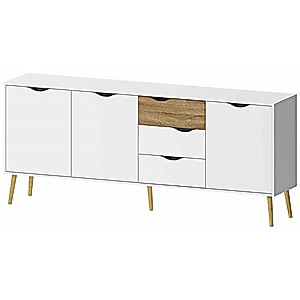 Pemberly Row Danish Modern 77" W Buffet Cabinet/Sideboard in White and Oak