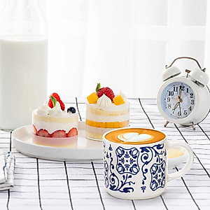 Eorbow 4 Pack Ceramic Coffee Mug Set with Rack, 16 OZ Stackable Cappuccino Cups with Metal Stand, Blue and White Porcelain Tea Mugs for Latte, Americano, Milk, Hot Cocoa, Beverages, Microwave Safe