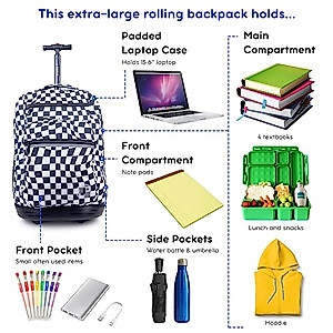 J World New York Sundance Rolling Backpack Girl Boy Roller Bookbag, Wavy Checkers, 20 Inch