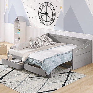 Polibi Extendable Daybed, Wooden Daybed with Trundle Bed and Two Drawers, Convertible Sofa Bed with 2 Storage Drawers, Can be Expanded from Twin Size to King Size (Grey)