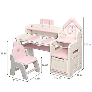 UNICOO Kids 3 in 1 Multifunctional Desk, Kids Activity Table, Children Height Adjustable Learning Desk, Toddler Drawing Table Art Table with Chair Set (QB-002-P Pink)