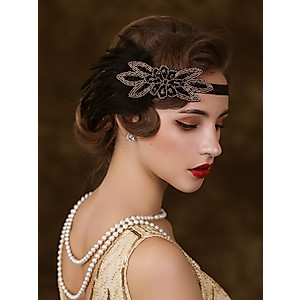 SWEETV 1920s Flapper Feather Headband, 20s Sequined Showgirl Headpiece, Gatsby Hair Accessories for Women (Black)