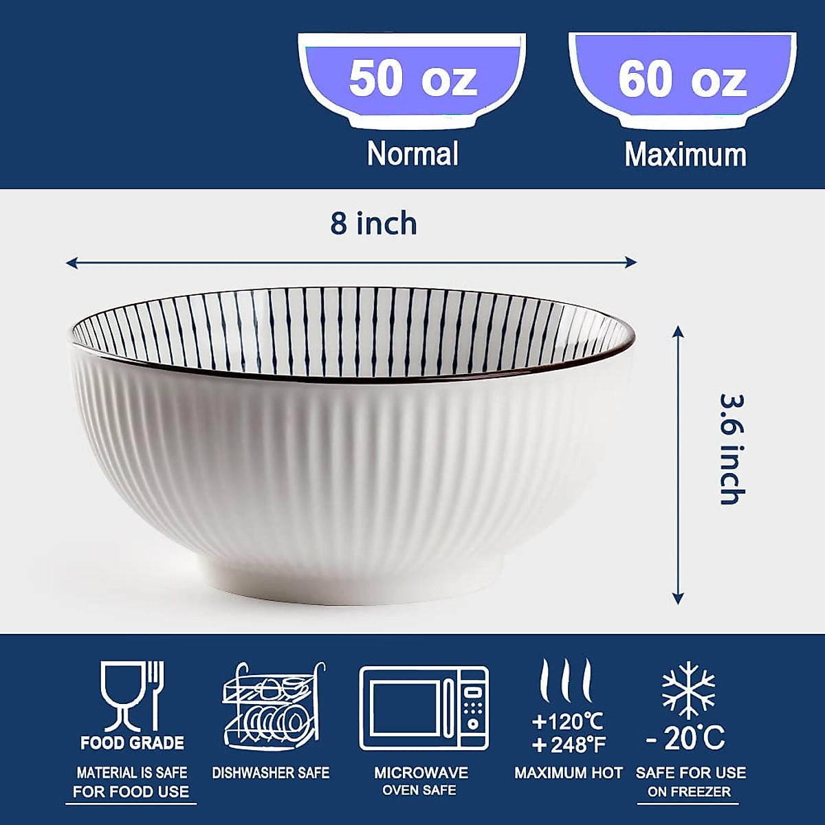 Hesen 60 oz Large Soup Bowl, Pho Bowls, Japanese Ramen Bowl Set, Big Porcelain Bowls Set of 3, 8 inches, Stripe Pattern