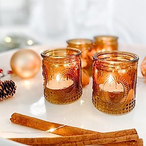 Kate Aspen Vintage Glass Tealight & Votive Candle Fleur-de-lis Tea Light Holders, Set of 4, Amber