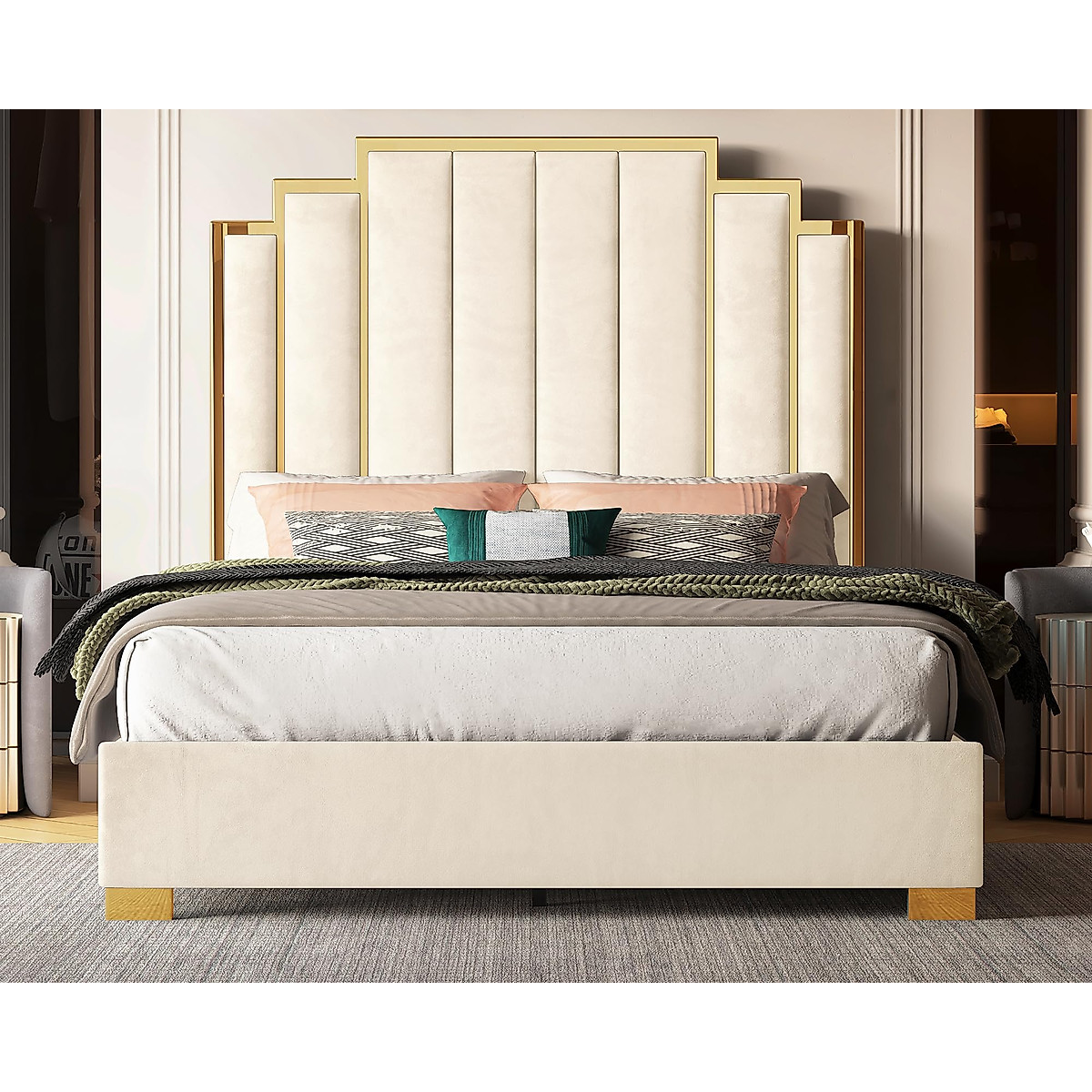 Albott Queen Size Platform Bed Frame, 61.4" Velvet Upholstered Bed with Gold Trim Headboard/Wooden Slats/No Box Spring Needed/Cream