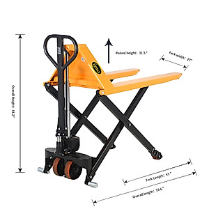 APOLLO High Lift Pallet Jack Manual Scissor Lifting Truck 31.5" Lifting Height 45''Lx27''W Fork Size 2200lbs Capacity Only for Open-Bottom Pallets