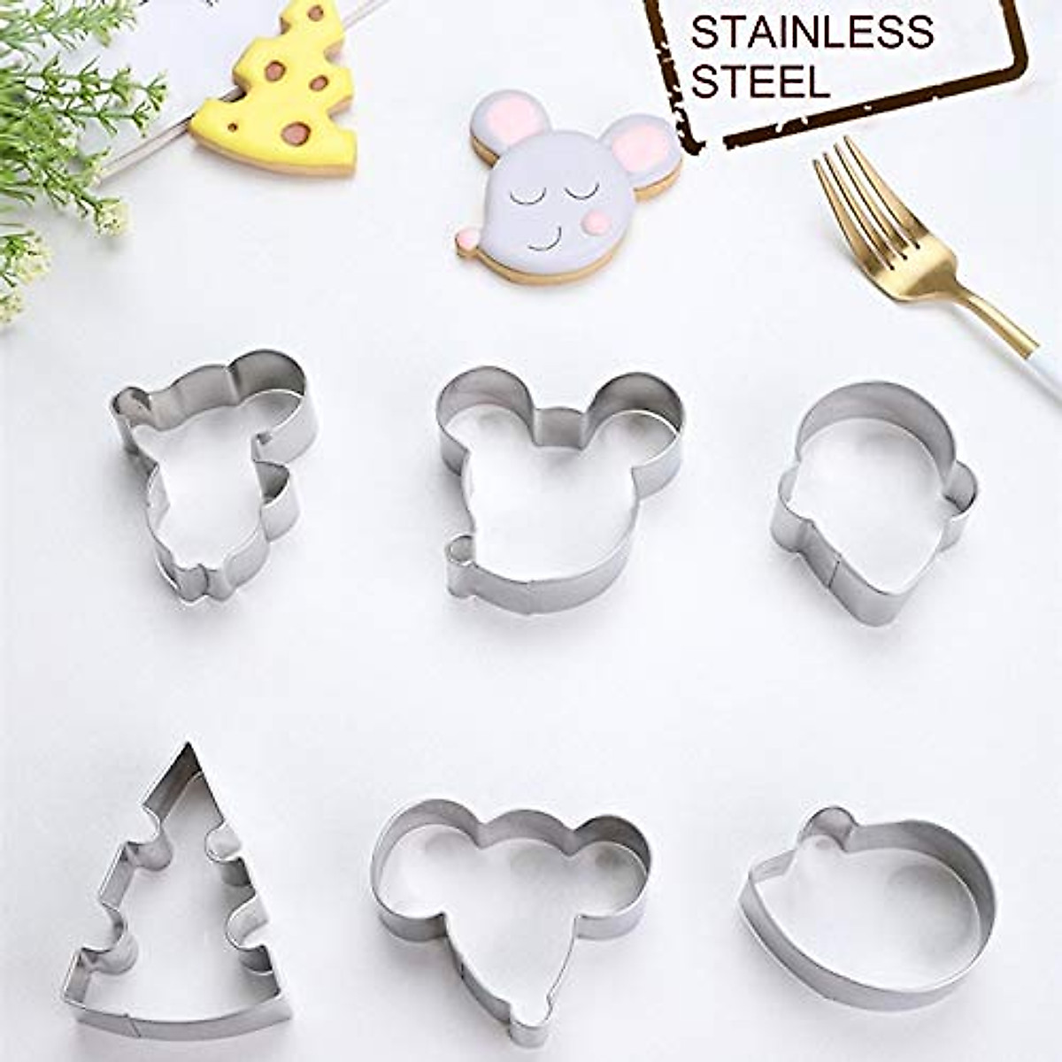 Cute Mouse Shaped Cookie Cutters Set of 7 pcs, Stainless Steel Mice Head Rat Cheese Series Fondant Cut-outs Set Baking DIY Molds